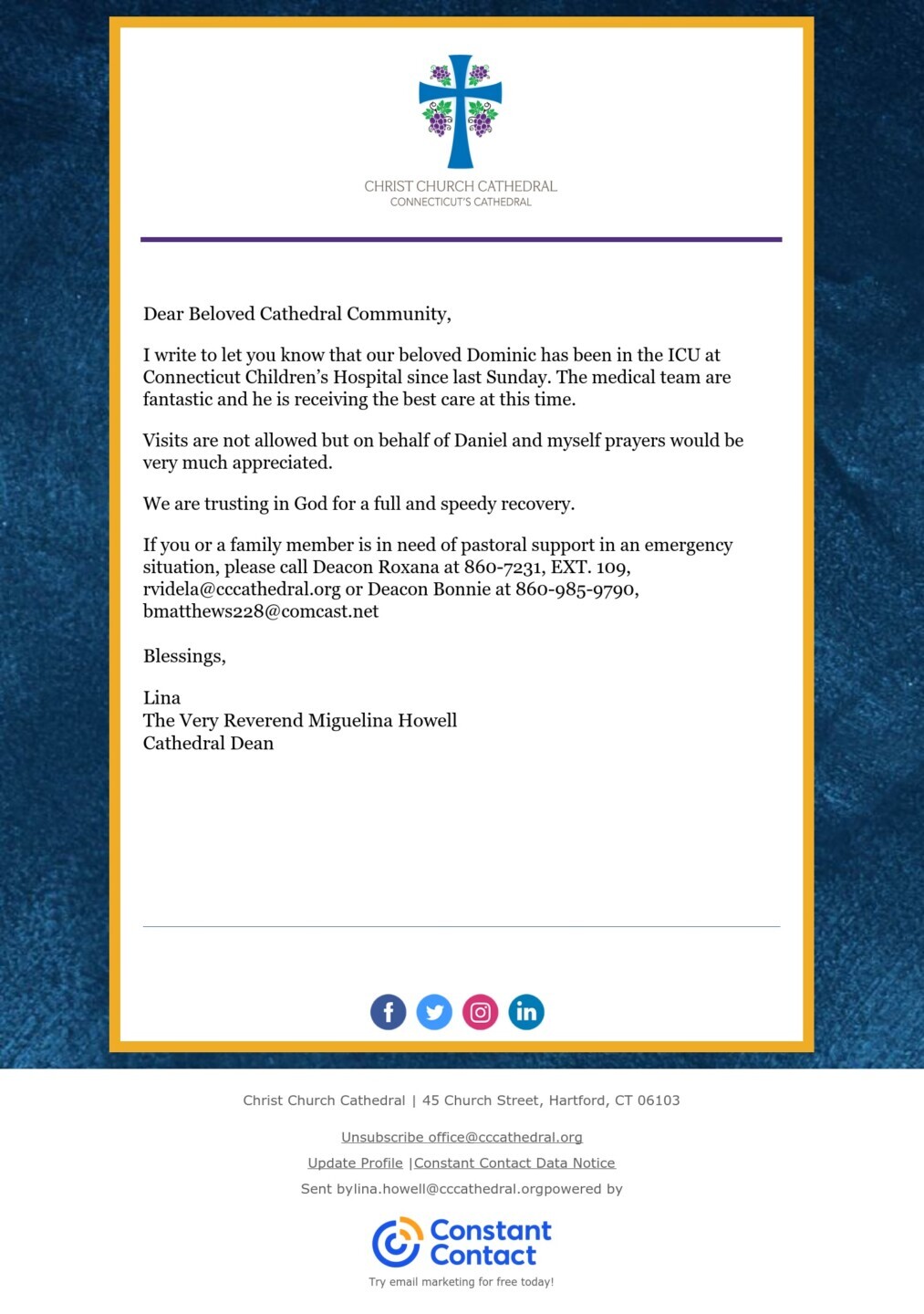 A Message from our Dean ~ Prayers for… | Christ Church Cathedral